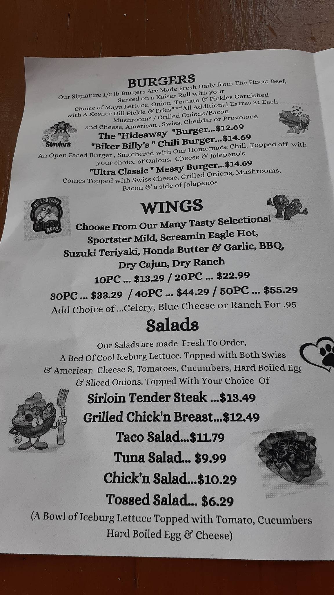 Menu at Lake Harris Hideaway restaurant, Tavares