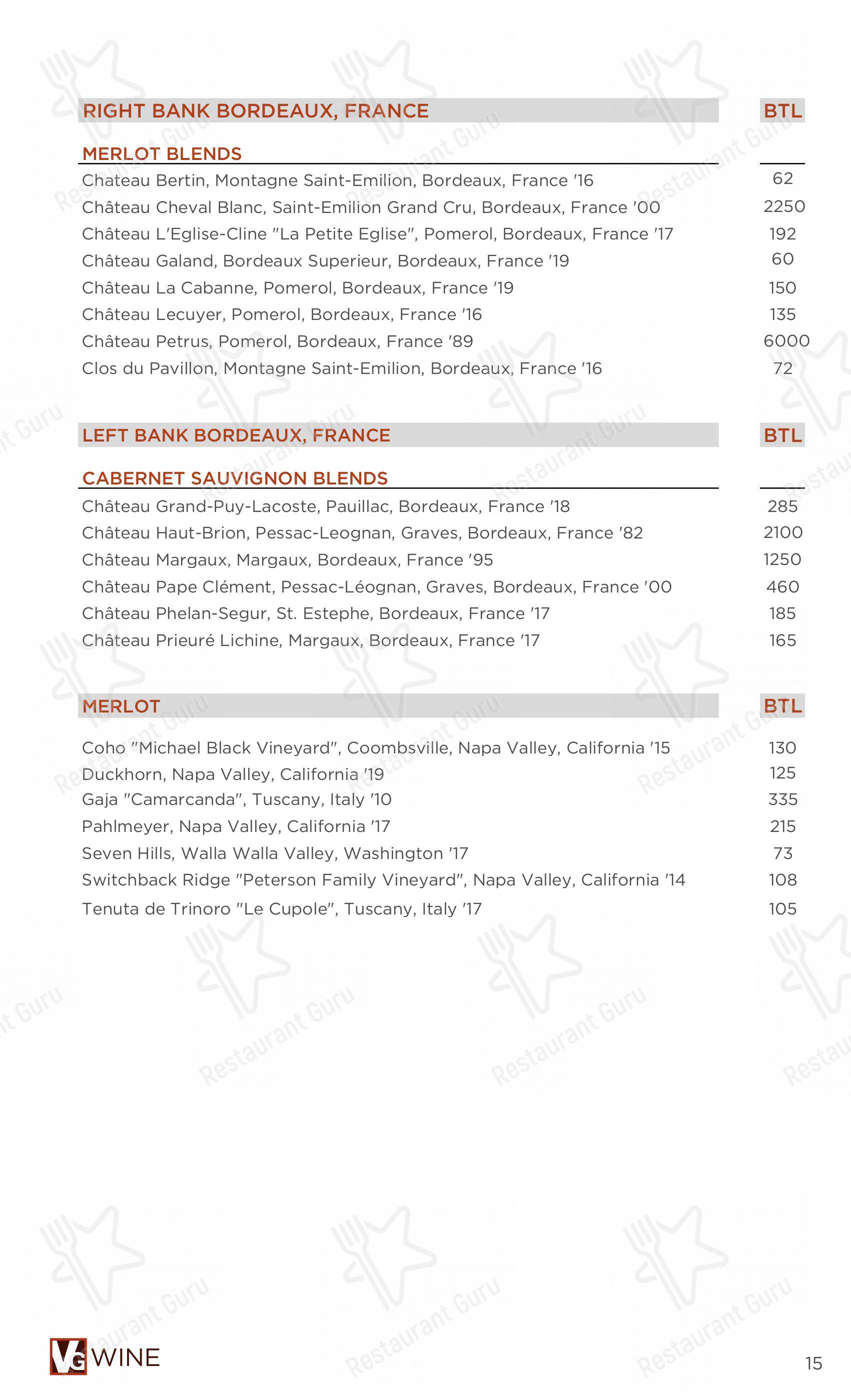 Menu at Vintner Grill pub & bar, Las Vegas