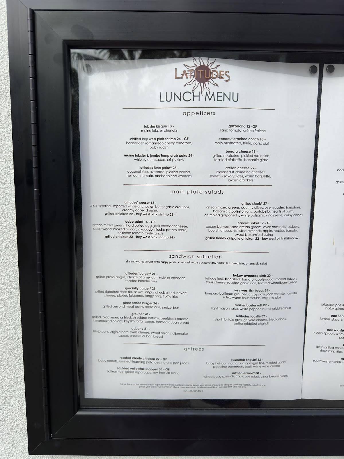 Menu at Latitudes restaurant, Key West, 245 Front St