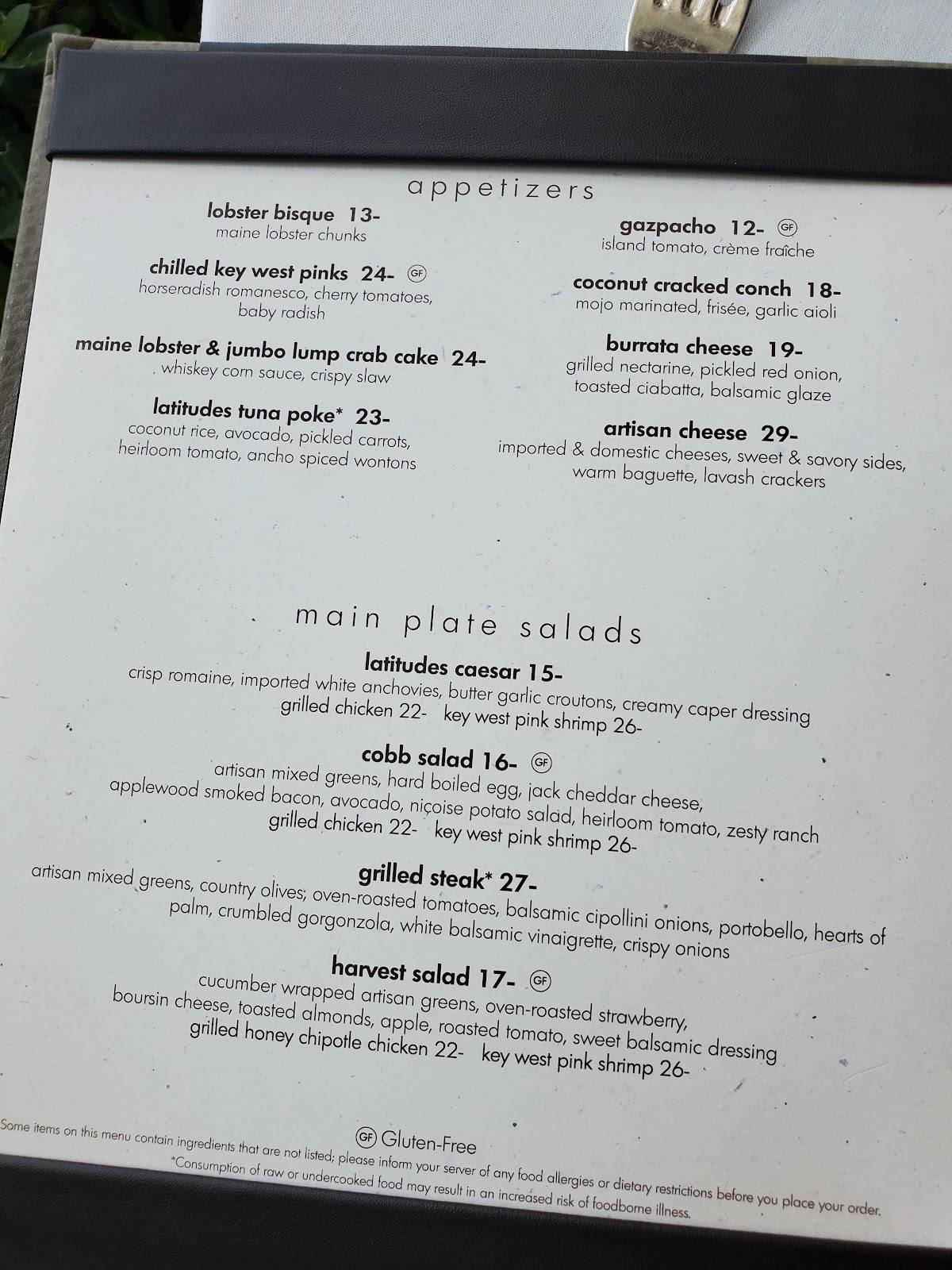 Menu at Latitudes restaurant, Key West, 245 Front St