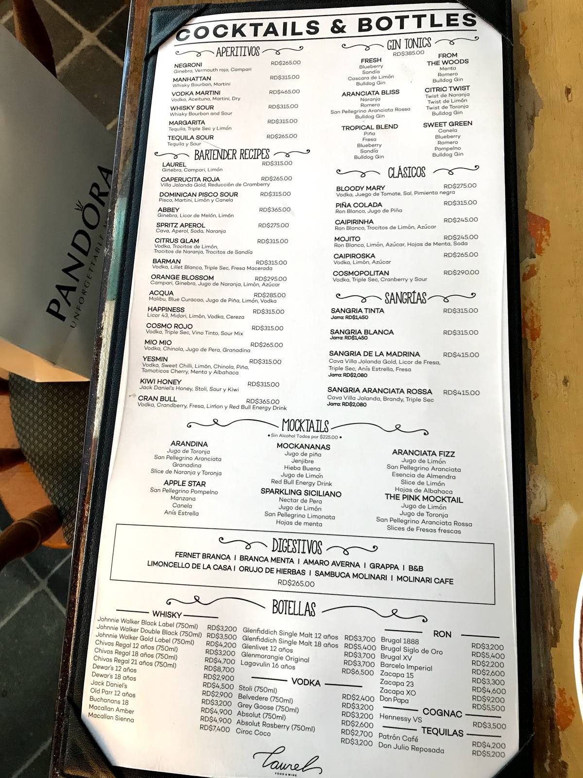 Carta del restaurante Laurel, Santo Domingo