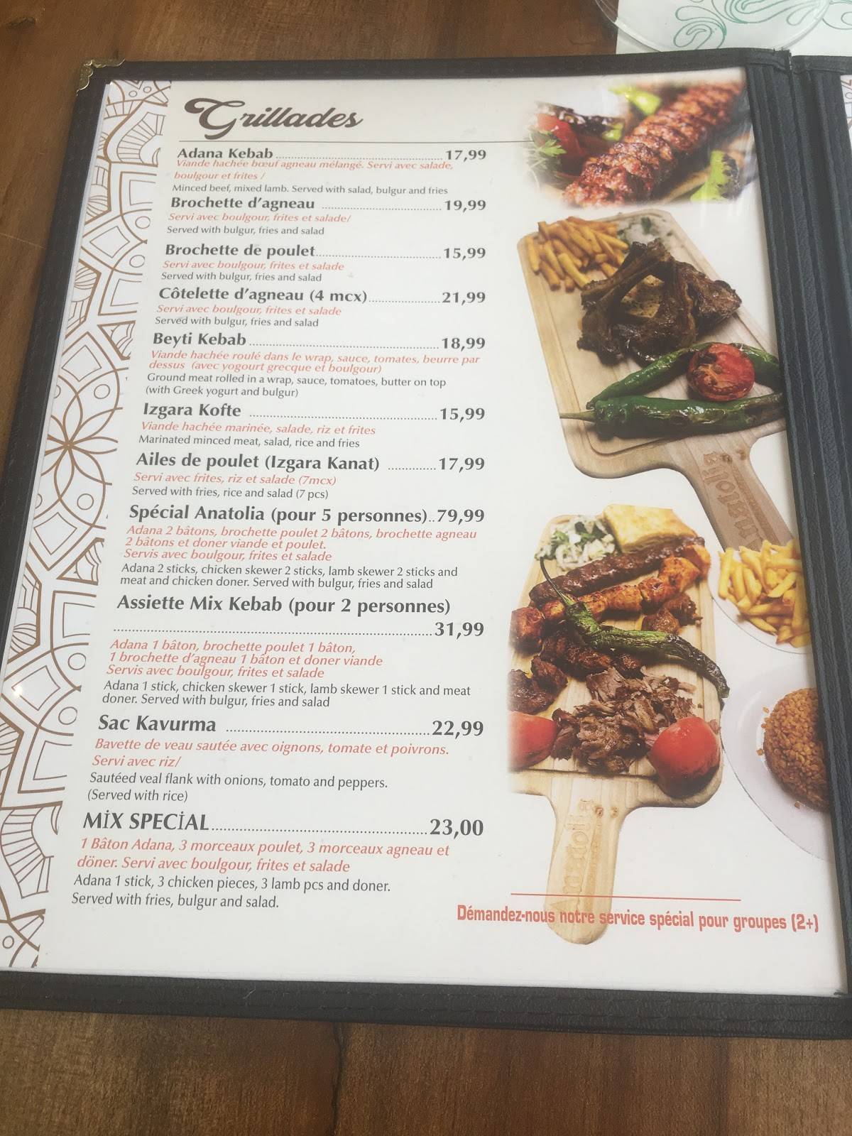Menu au Anatolia Restaurant, Laval