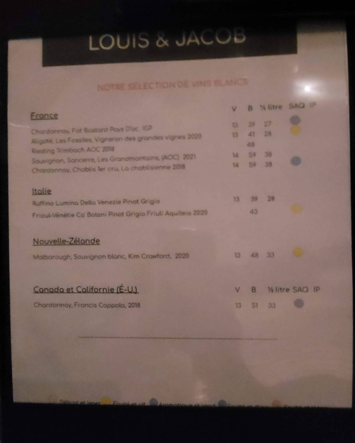 Menu au Restaurant Louis & Jacob, Laval