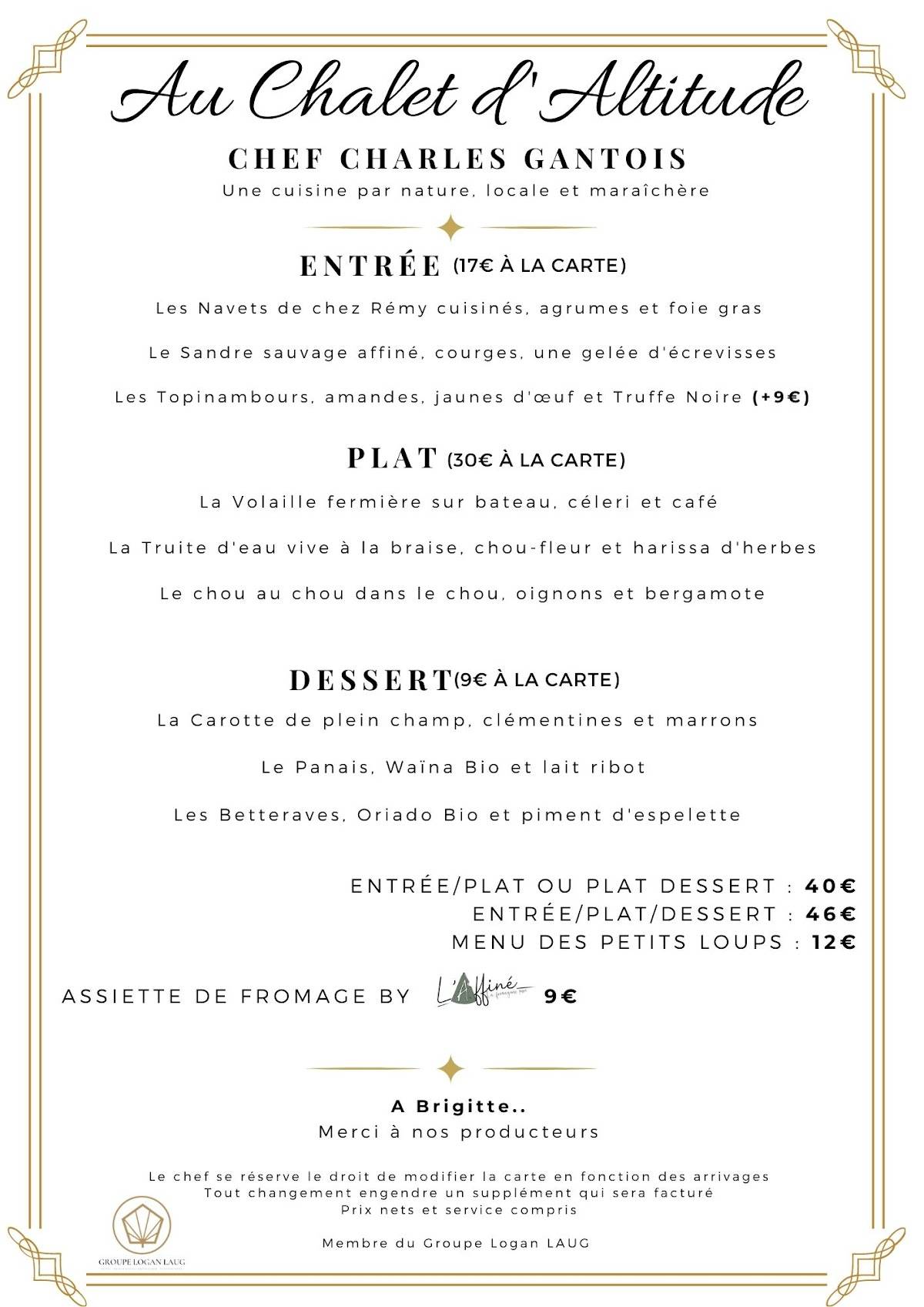 Menu au Le Chalet by Altitude restaurant, Pierre-Percée