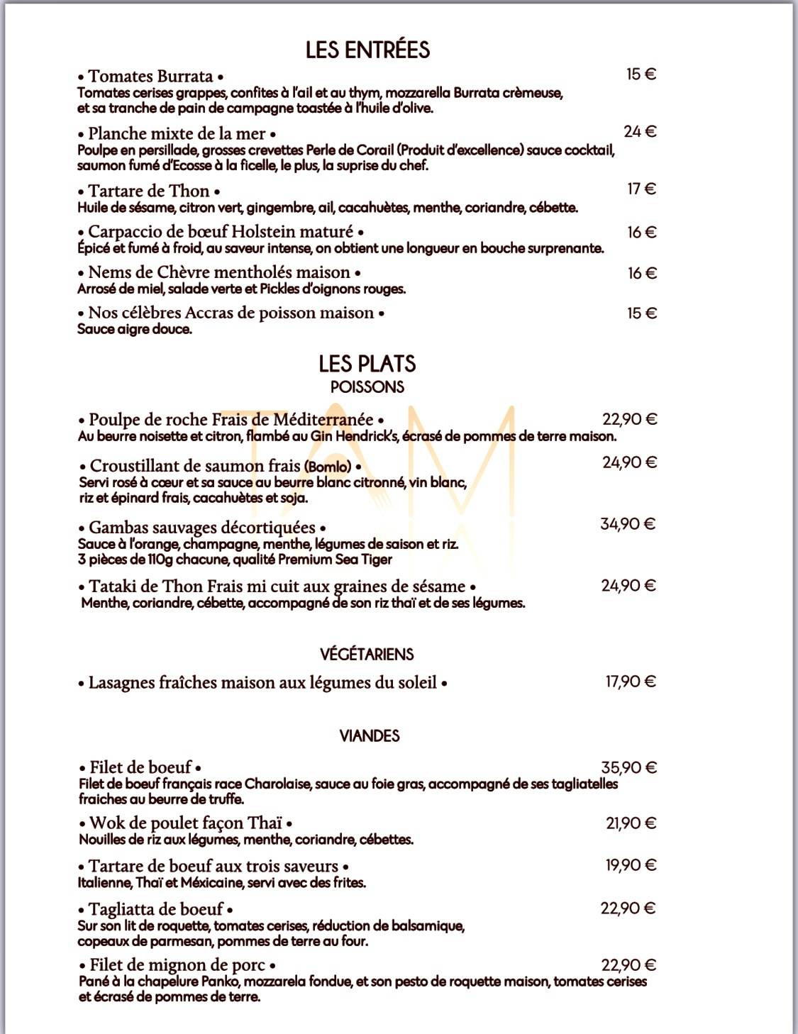 Menu au Restaurant Le Tam Tam, Le Lavandou