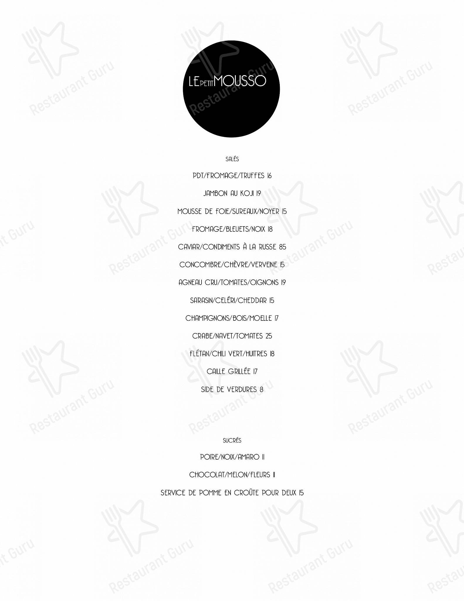 Menu at Le Mousso restaurant, Montréal, Ontario St E