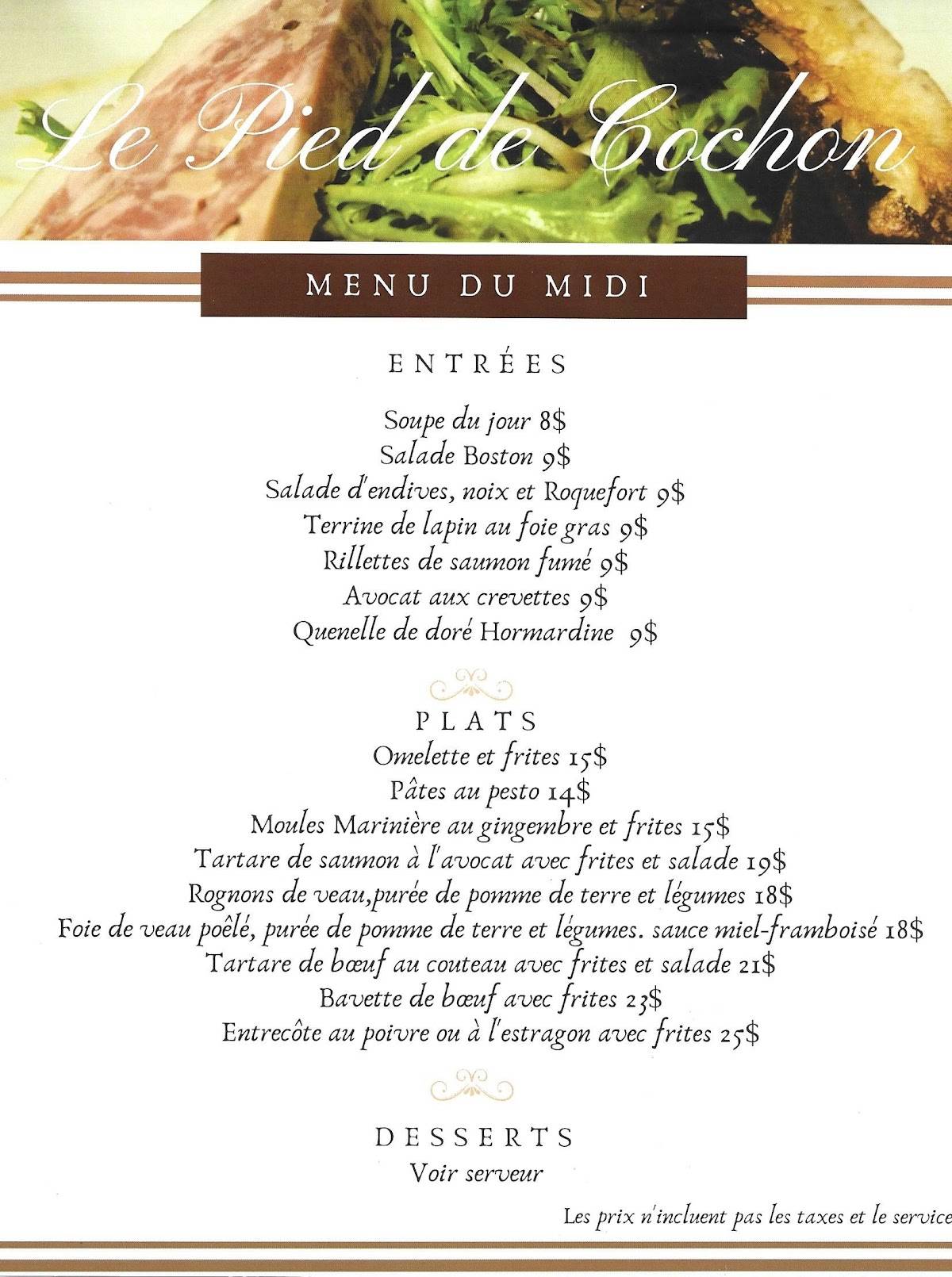 Menu au Le Pied de Cochon restaurant, Gatineau
