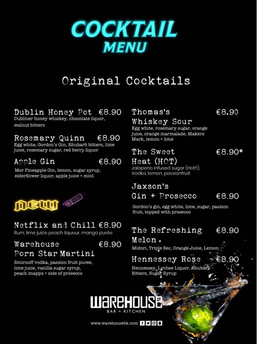 Menu at Warehouse Bar & Kitchen, Letterkenny