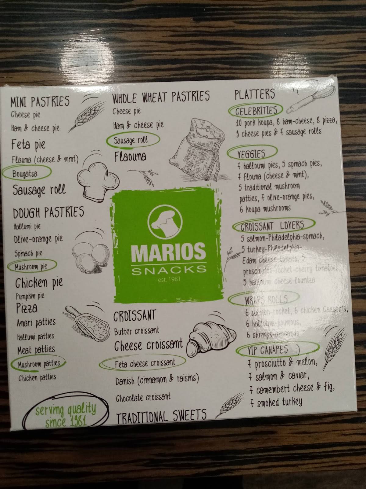 Menu at Marios Snacks Bakery, Limassol