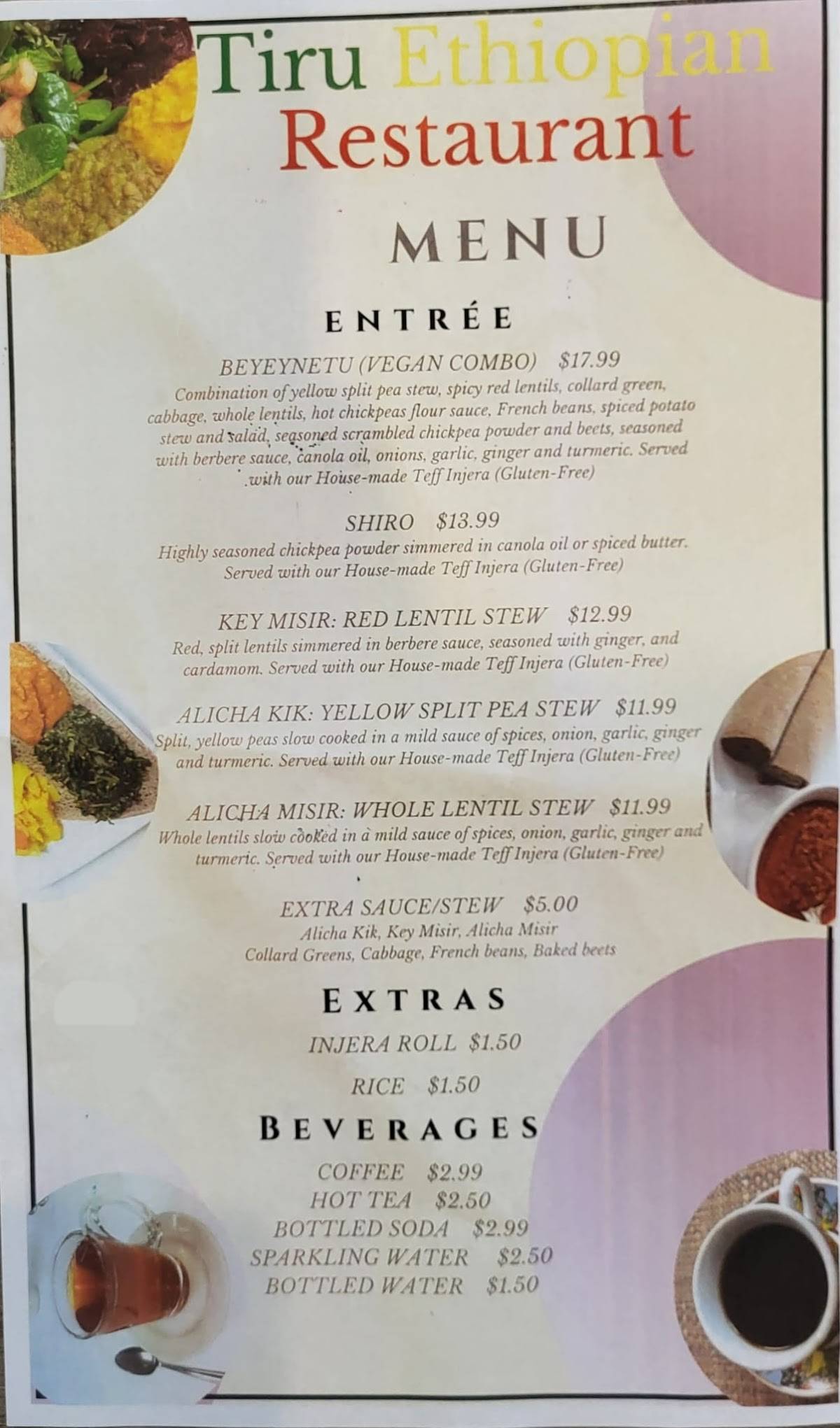 Menu at Tiru Ethiopian Restaurant, Lincoln