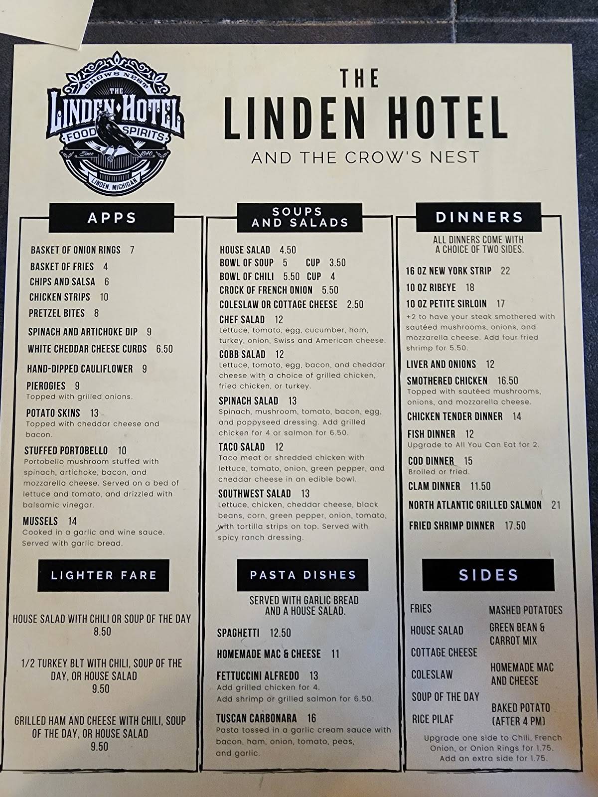 Menu at The Linden Hotel pub & bar, Linden