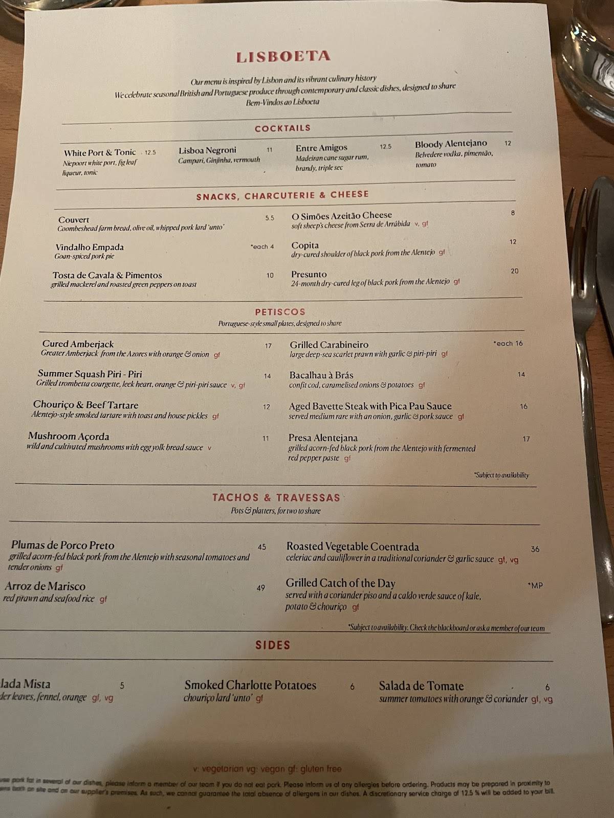 Menu at Lisboeta restaurant, London, 30 Charlotte St.