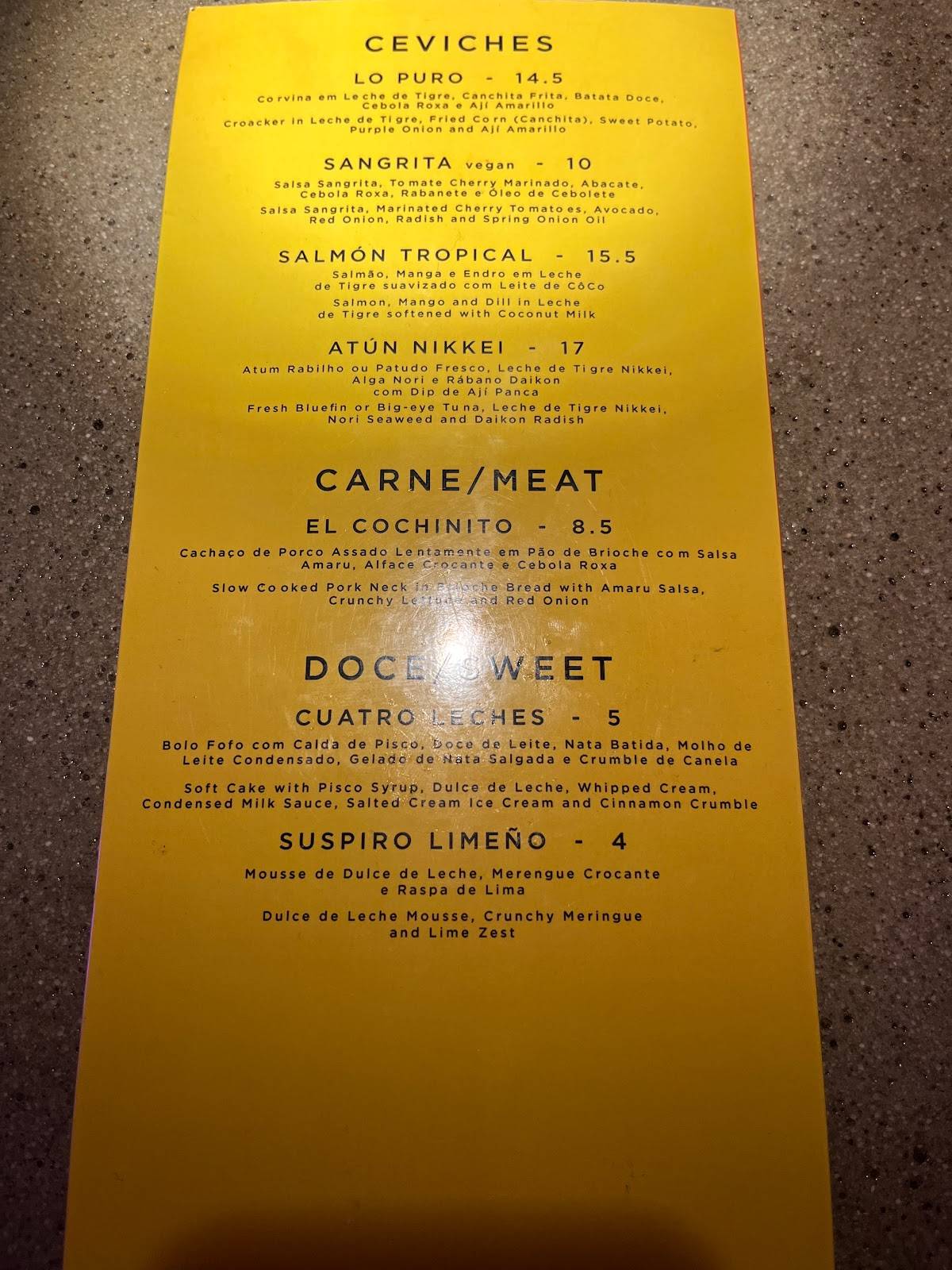 Menu at Amaru - Peruvian Street Lab restaurant, Lisbon