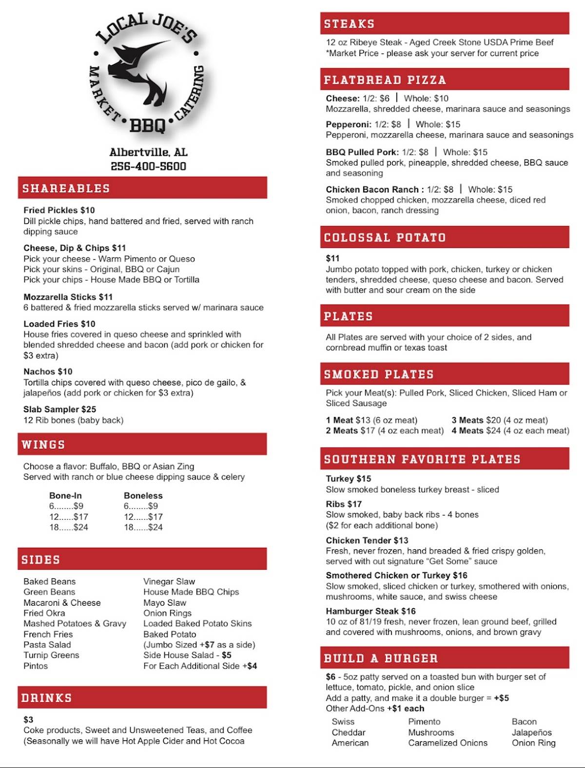 Menu at Local Joe’s Albertville BBQ, Albertville