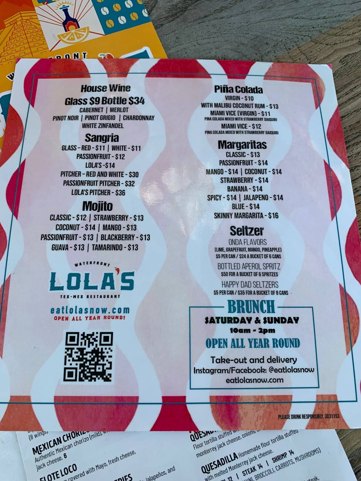 Menu at Lola's Waterfront Tex-Mex Restaurant, Hopatcong