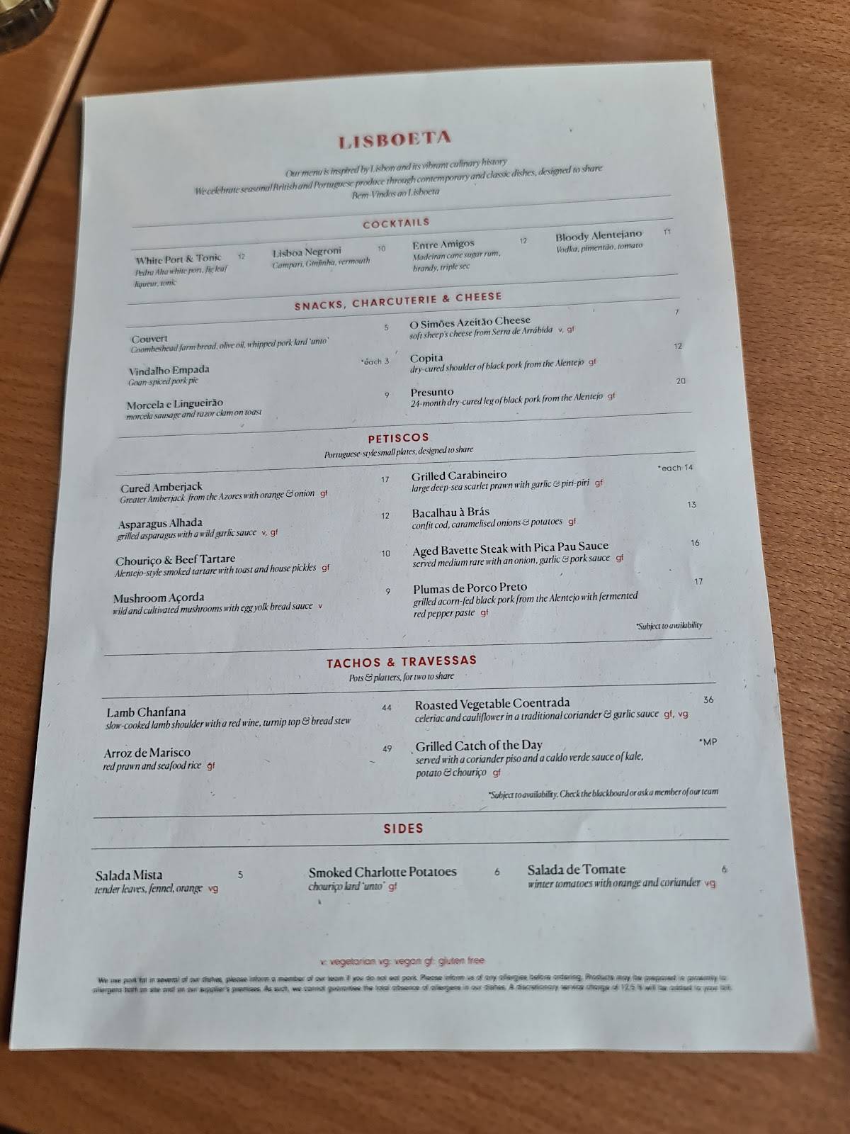 Menu at Lisboeta restaurant, London, 30 Charlotte St.