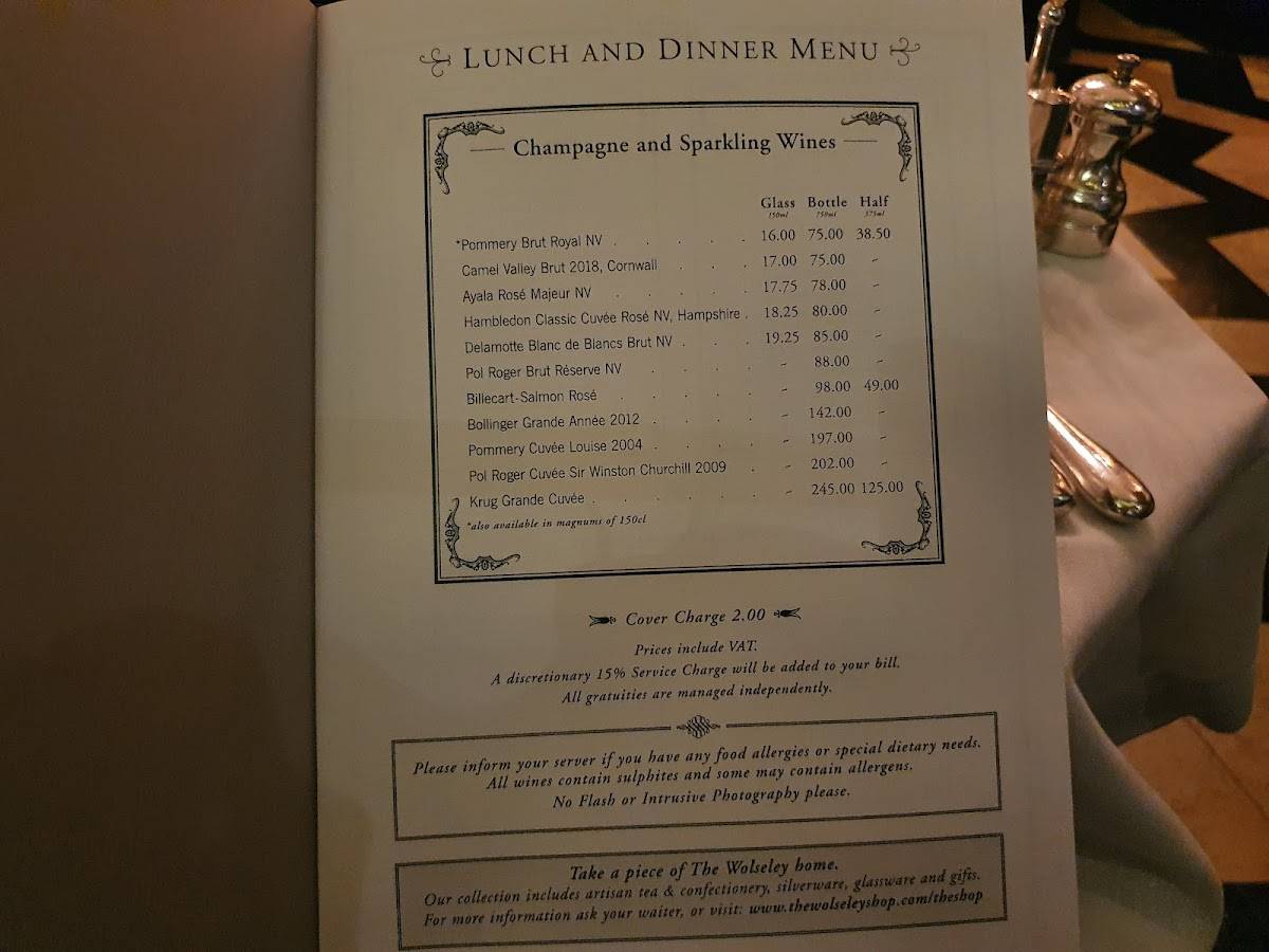 Menu at The Wolseley cafe, London