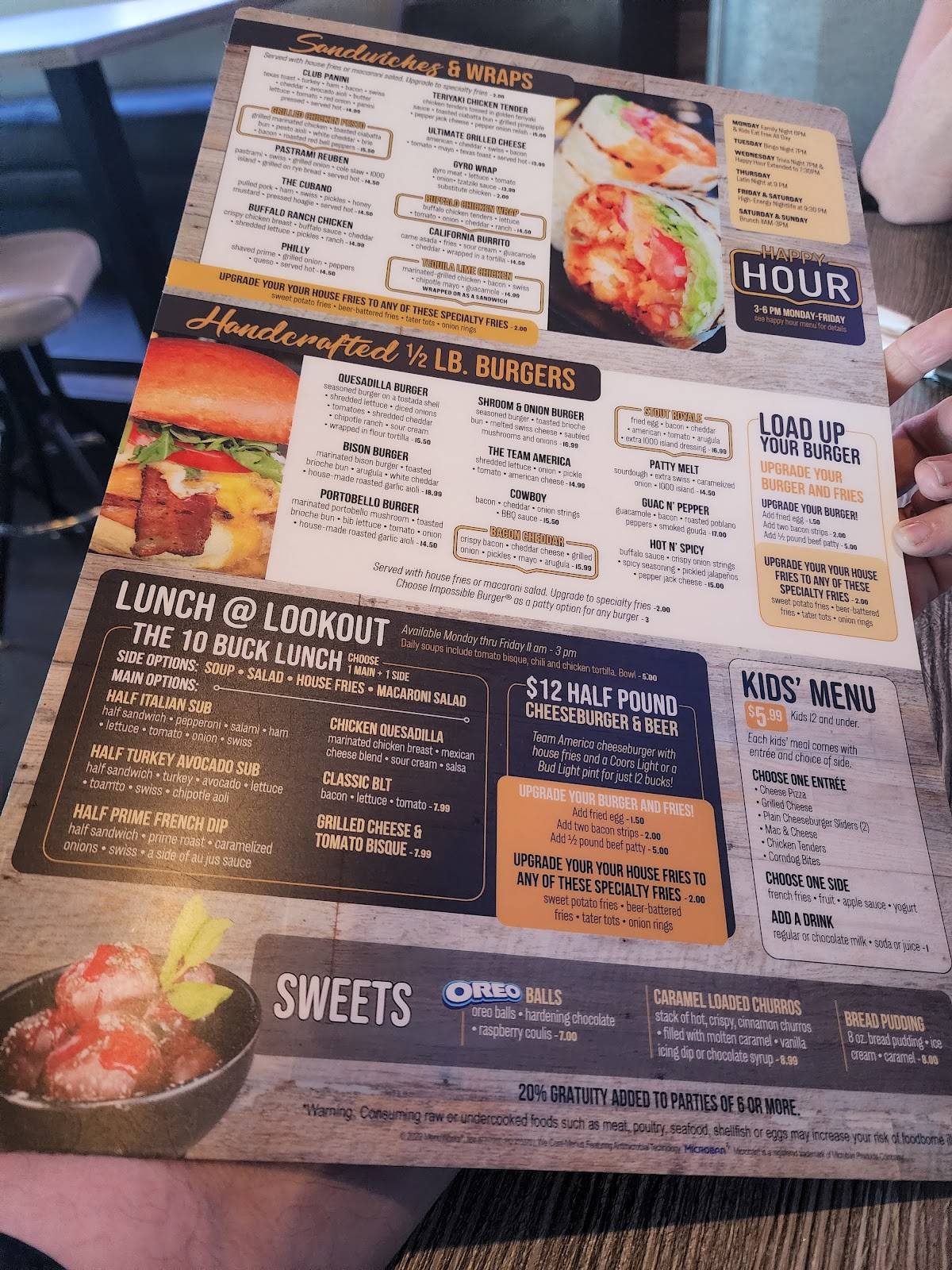 Menu at Lookout Tavern pub & bar, Phoenix