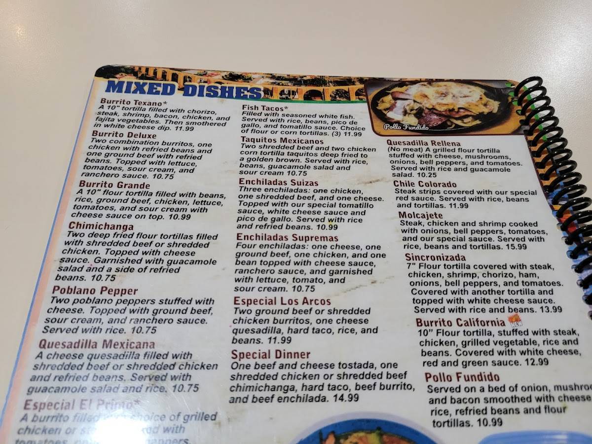 Menu at Los Arcos restaurant, Boaz