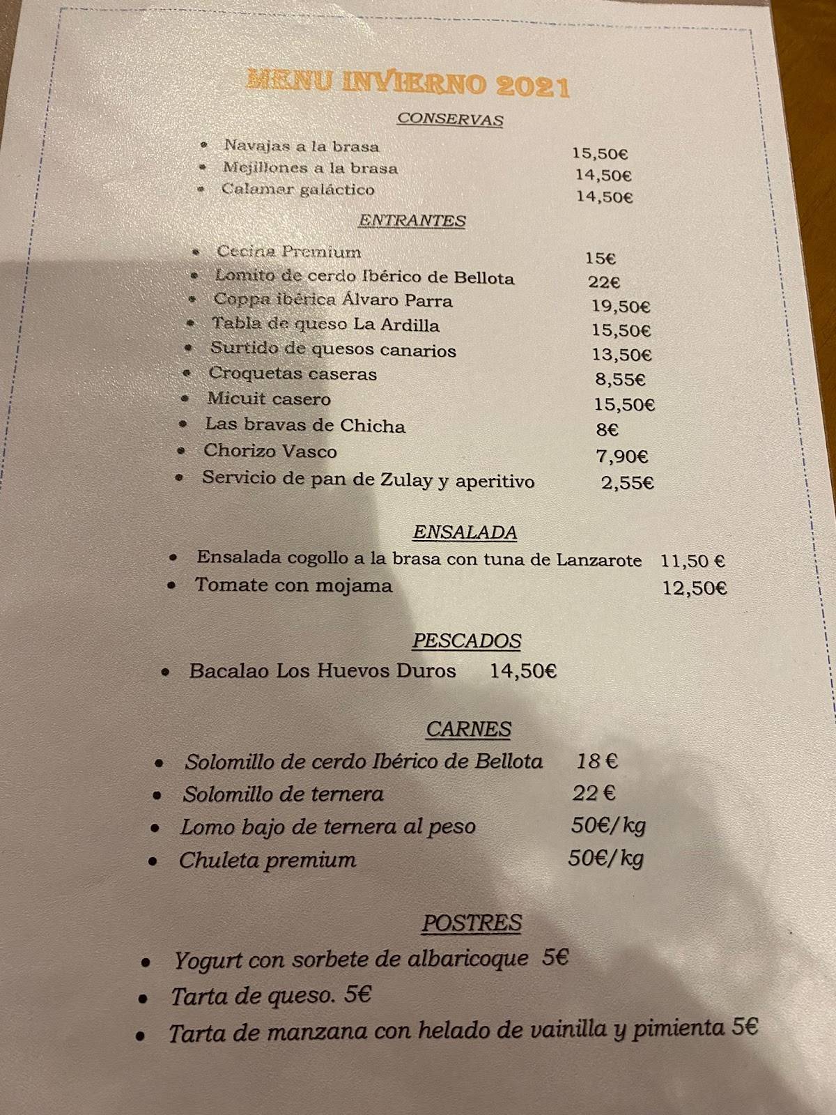 Carta de Los Huevos Duros Restaurante, San Cristóbal de La Laguna