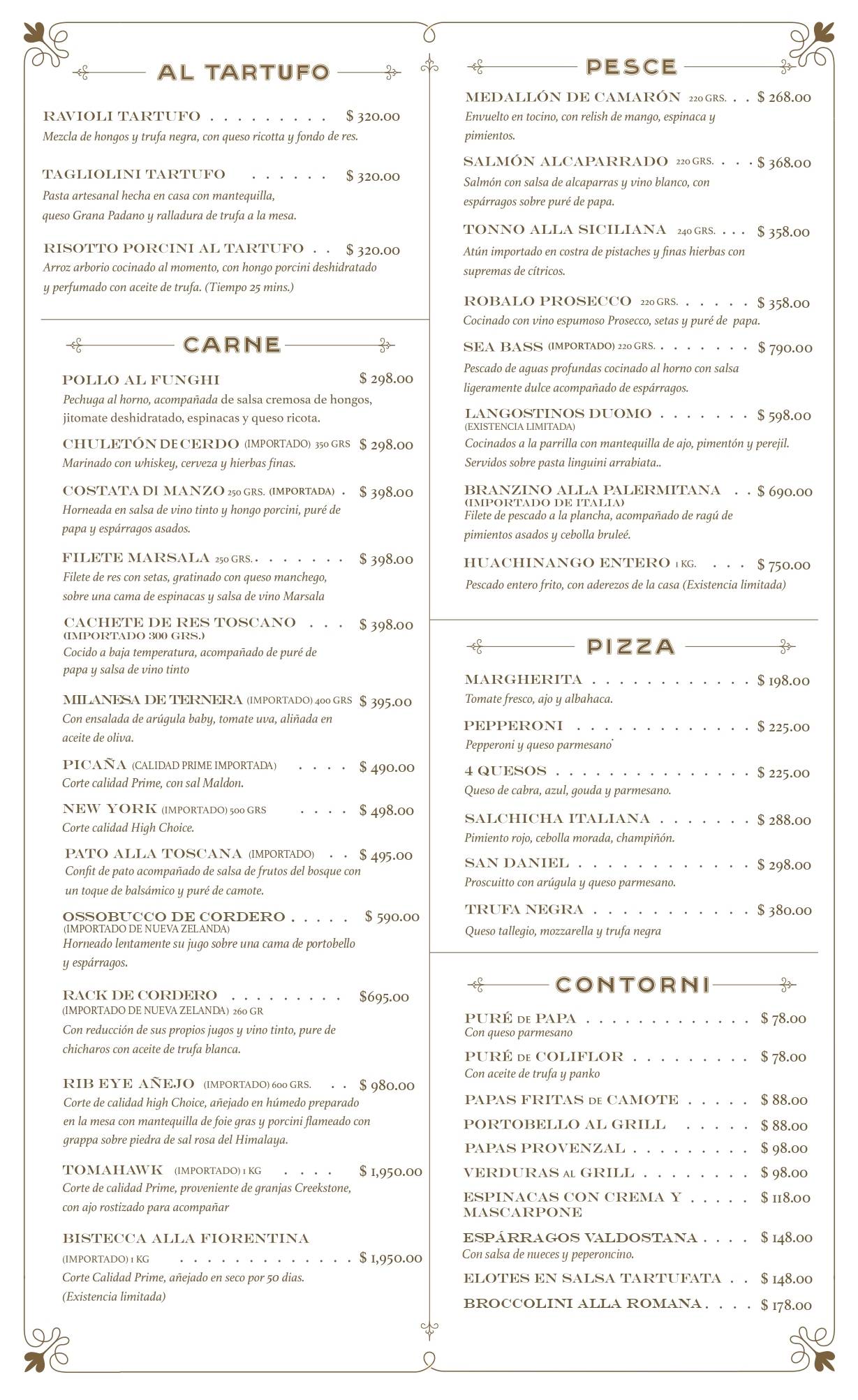 Menu at Losteria del Duomo restaurant, Santiago de Querétaro