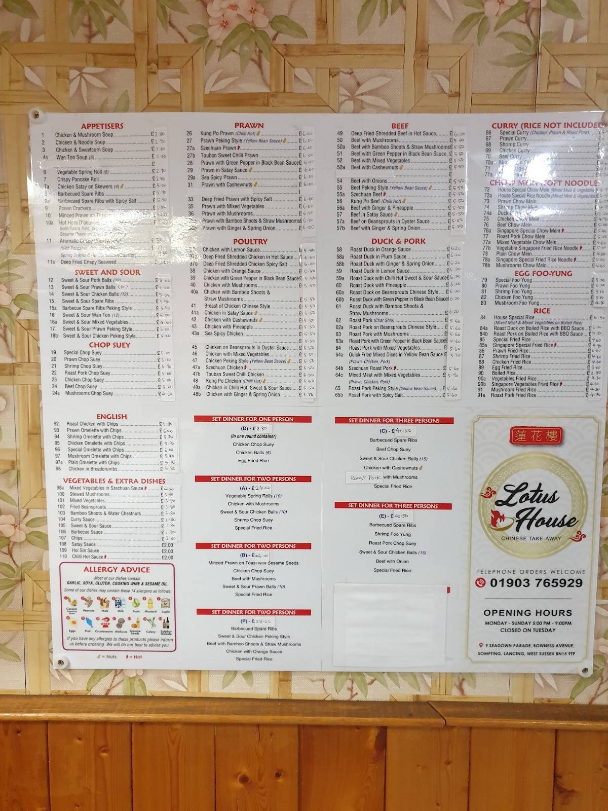 Menu at Lotus House Chinese Takeaway Sompting fast food, Lancing