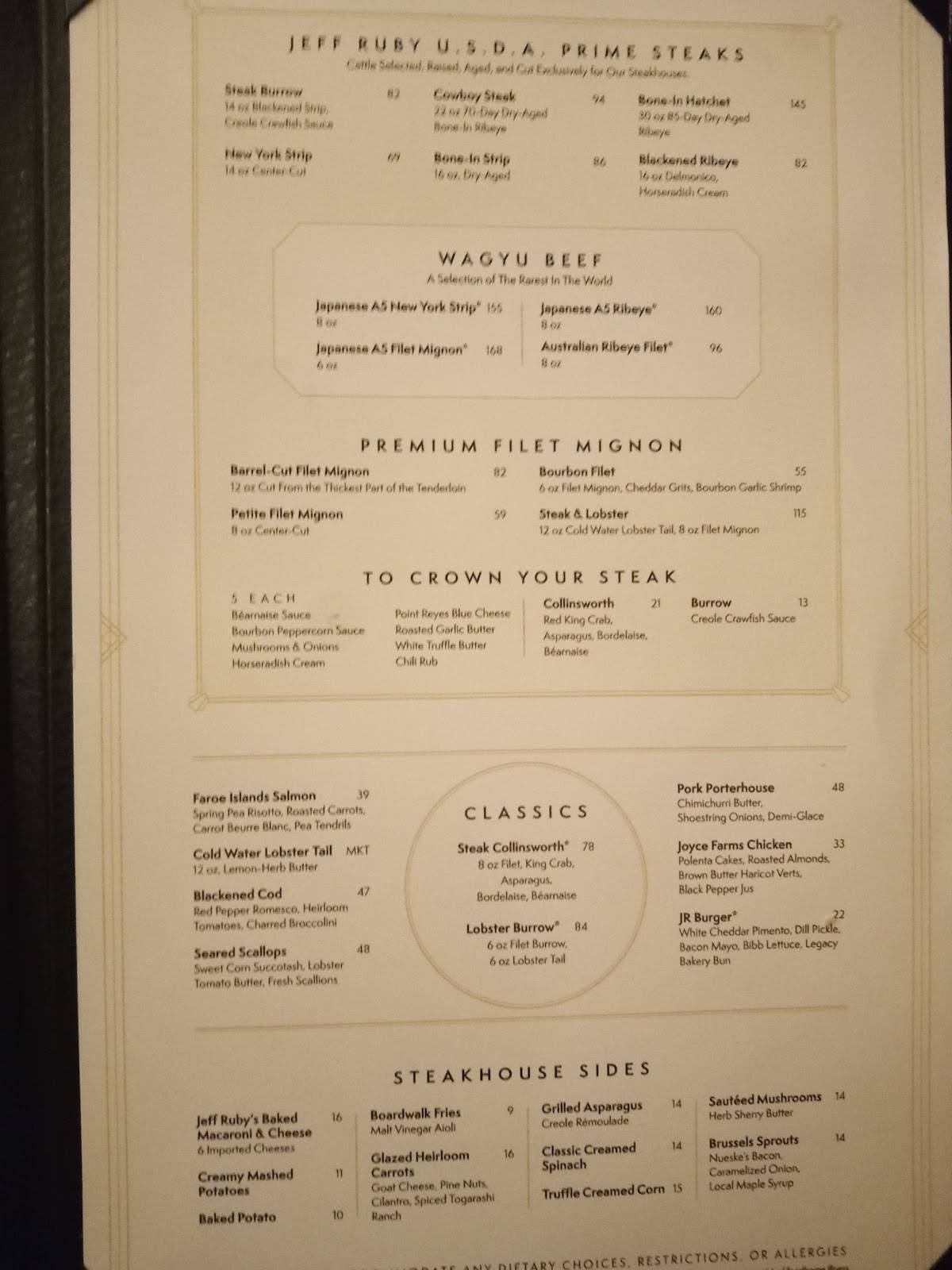 Menu at Jeff Ruby's Steakhouse, Louisville, Louisville