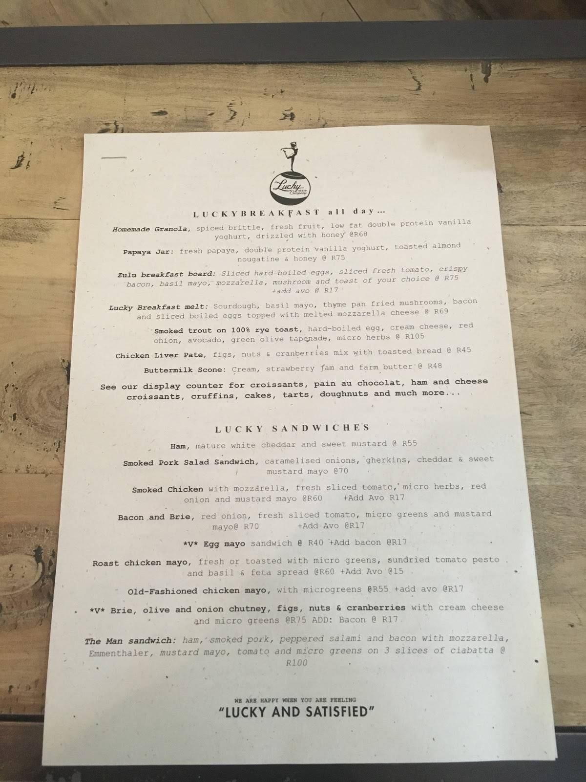 Menu at Lucky Bread Company- Brooklyn Mall cafe, Pretoria