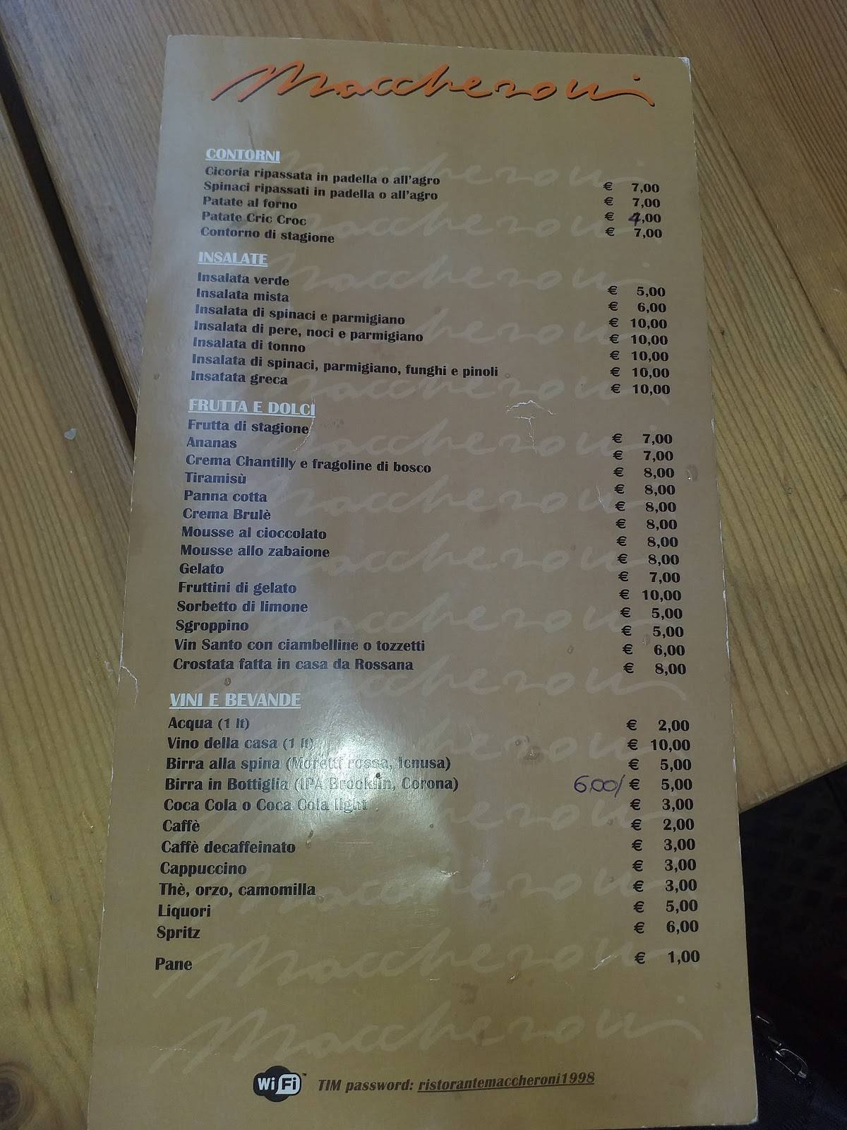 Menu at Maccheroni restaurant, Rome, Piazza delle Coppelle