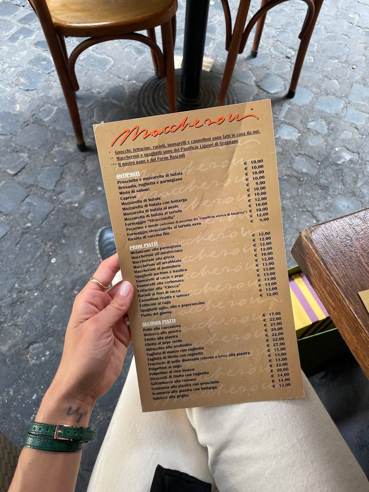 Menu at Maccheroni restaurant, Rome, Piazza delle Coppelle