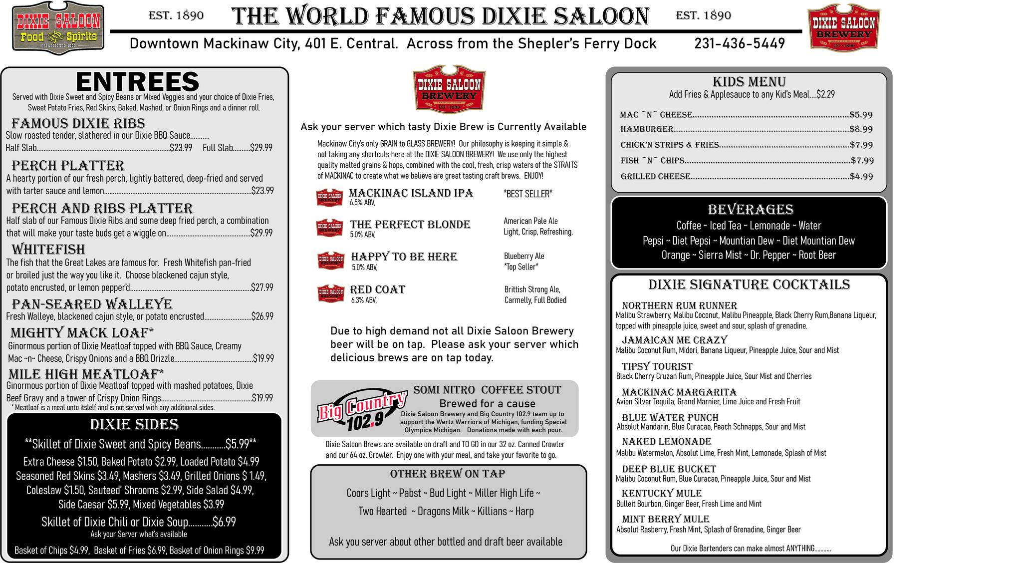 Menu at Dixie Saloon pub & bar, Mackinaw City, 401 E Central Ave