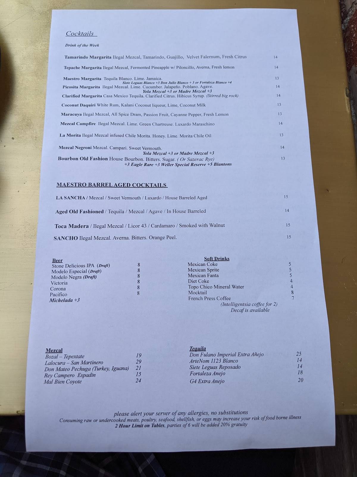 Menu at Maestro Restaurant, Pasadena