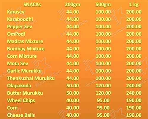 Menu at Maha's Snacks Universe, Chennai