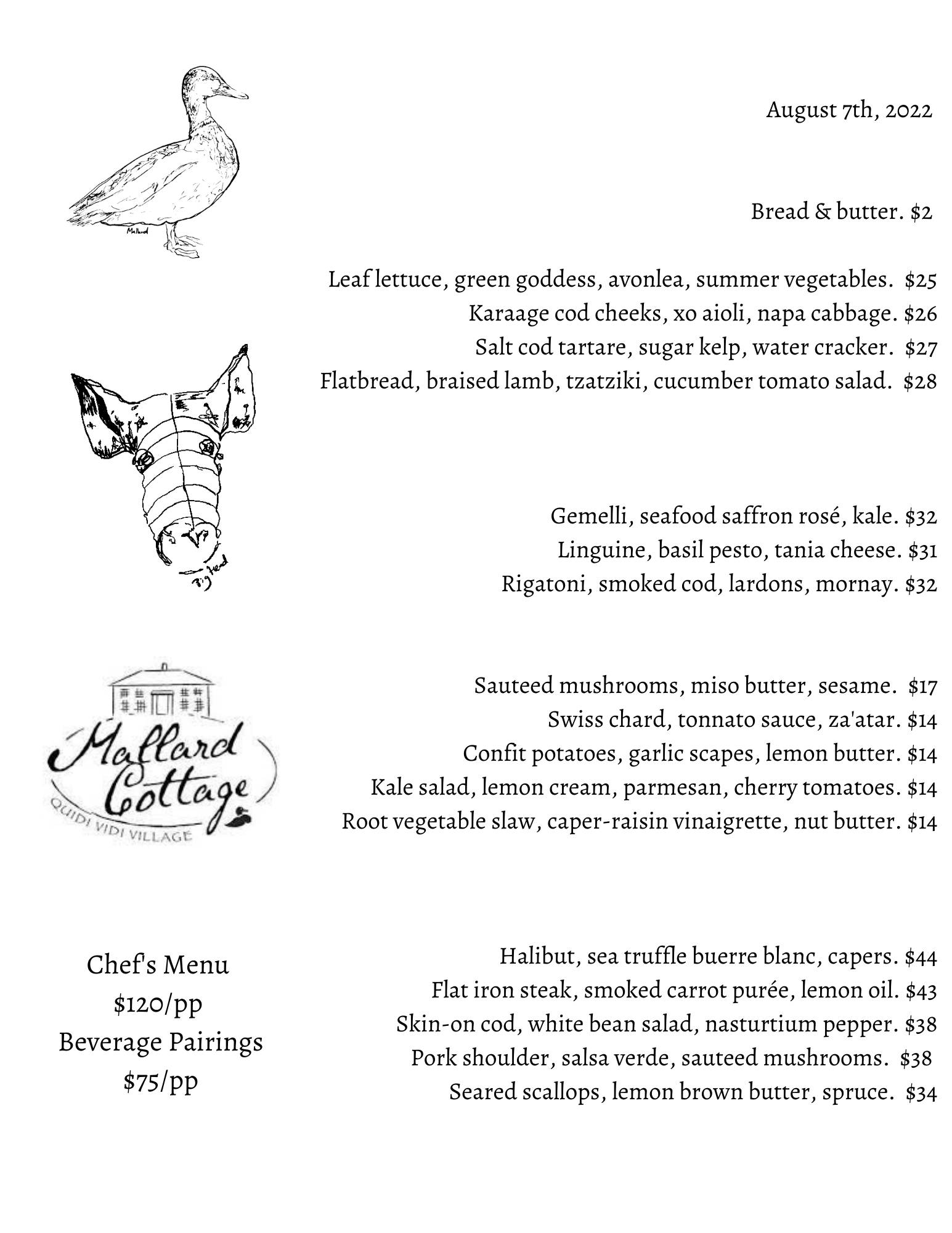 Menu at Mallard Cottage restaurant, St. John's