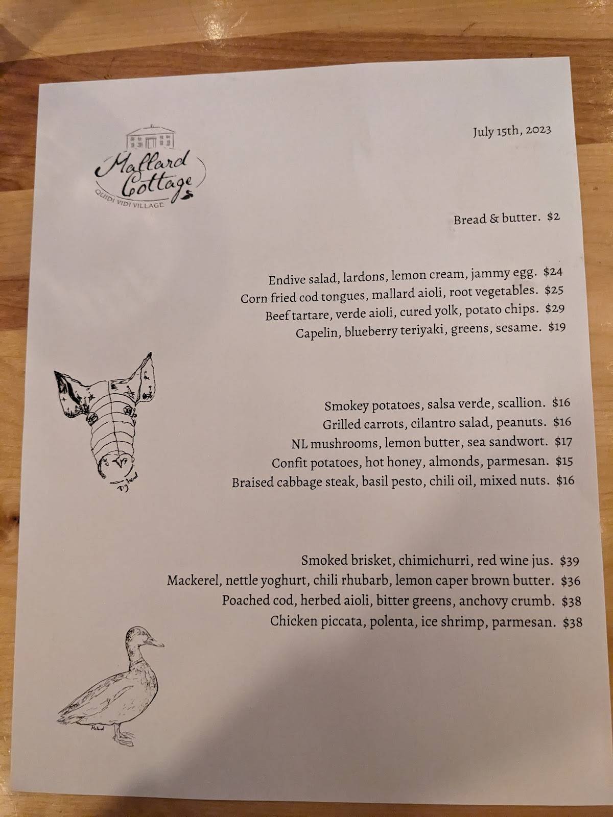 Menu at Mallard Cottage restaurant, St. John's