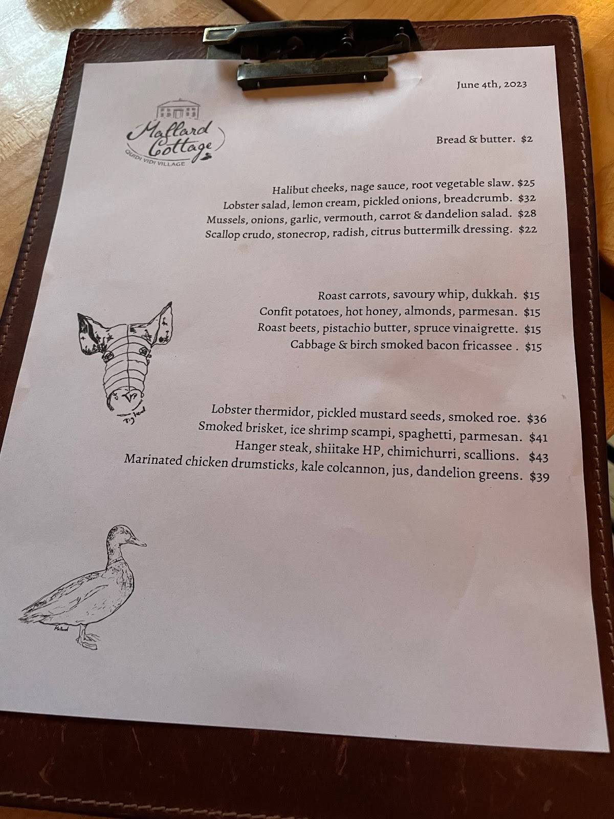 Menu at Mallard Cottage restaurant, St. John's