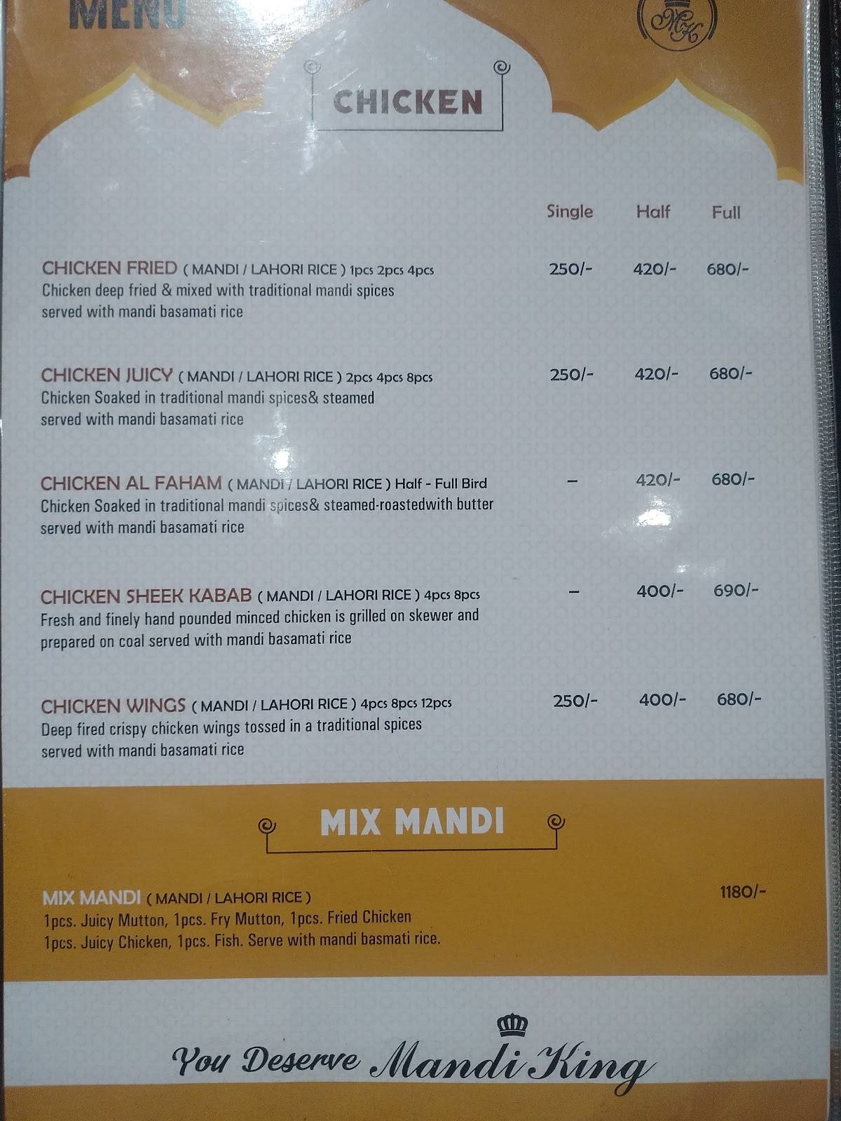 Menu at Mandi King Elite, Hyderabad