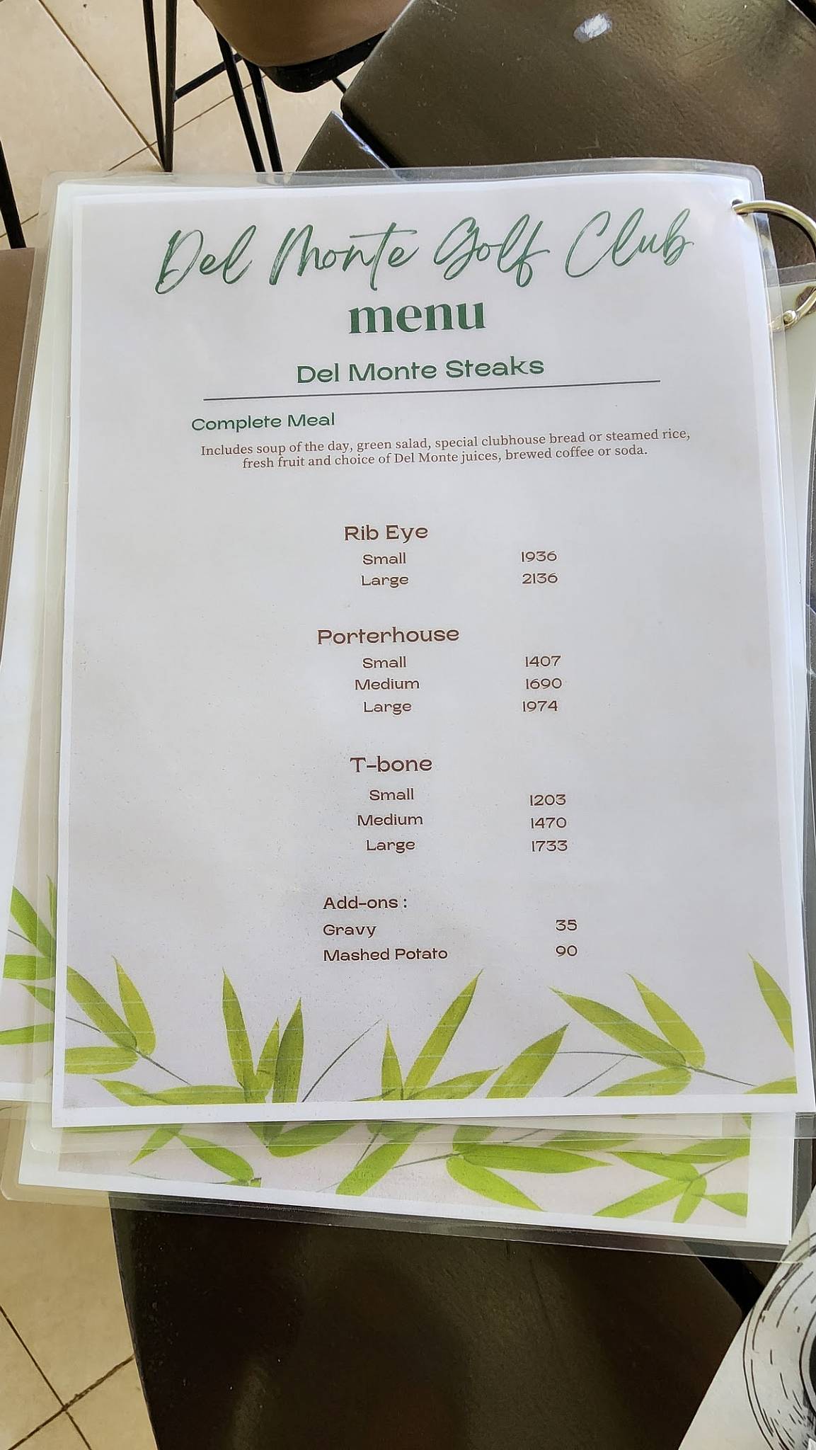 Menu at Del Monte Clubhouse, Manolo Fortich
