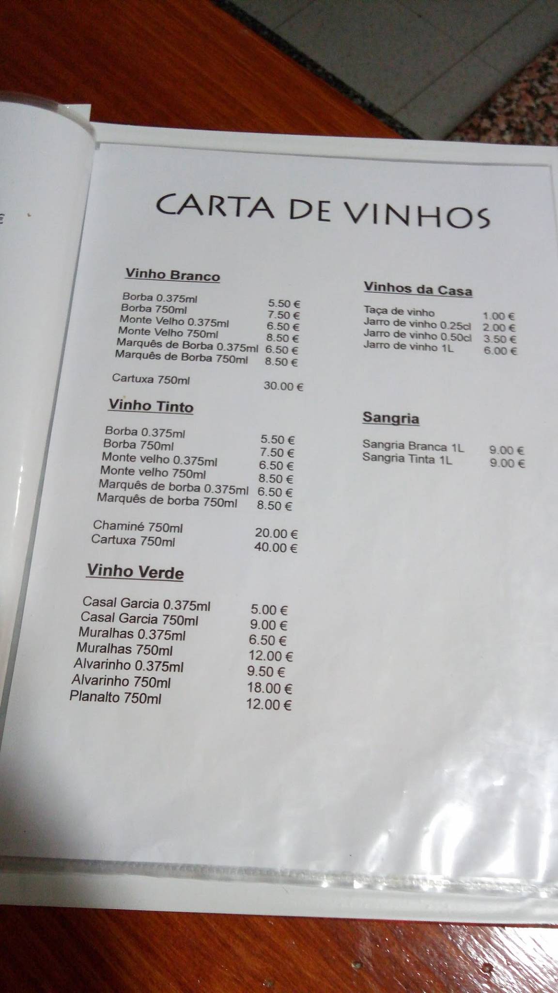 Menu em Mar e Monte restaurante, Altura