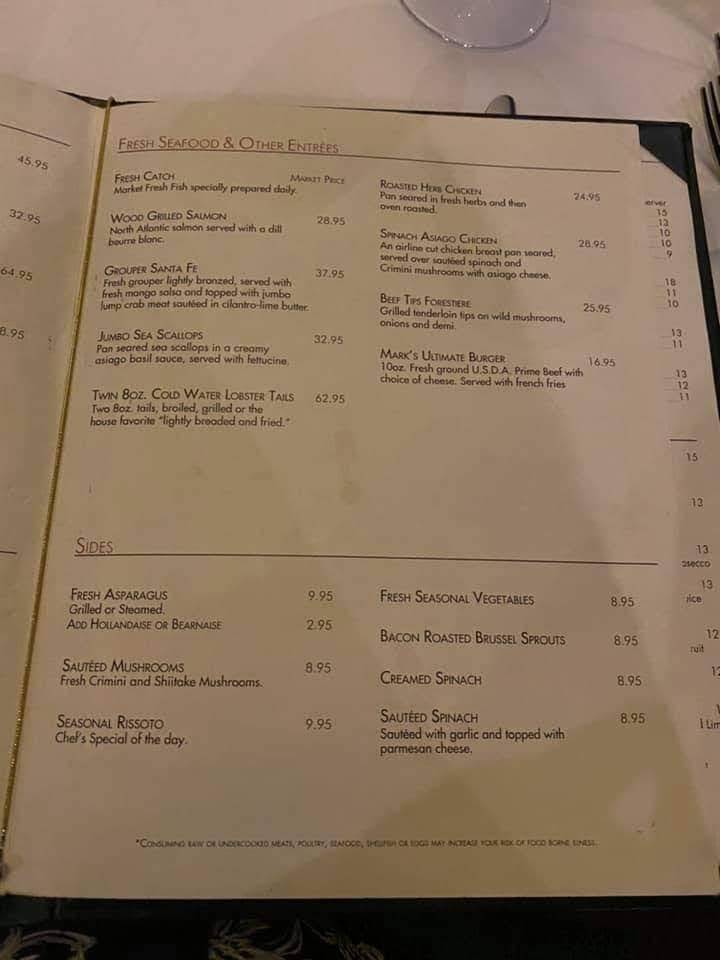 Menu at Mark's Prime Steakhouse, Ocala
