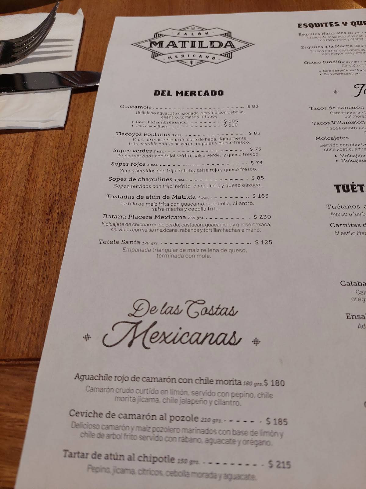 Carta del restaurante Matilda Salon Mexicano, Merida