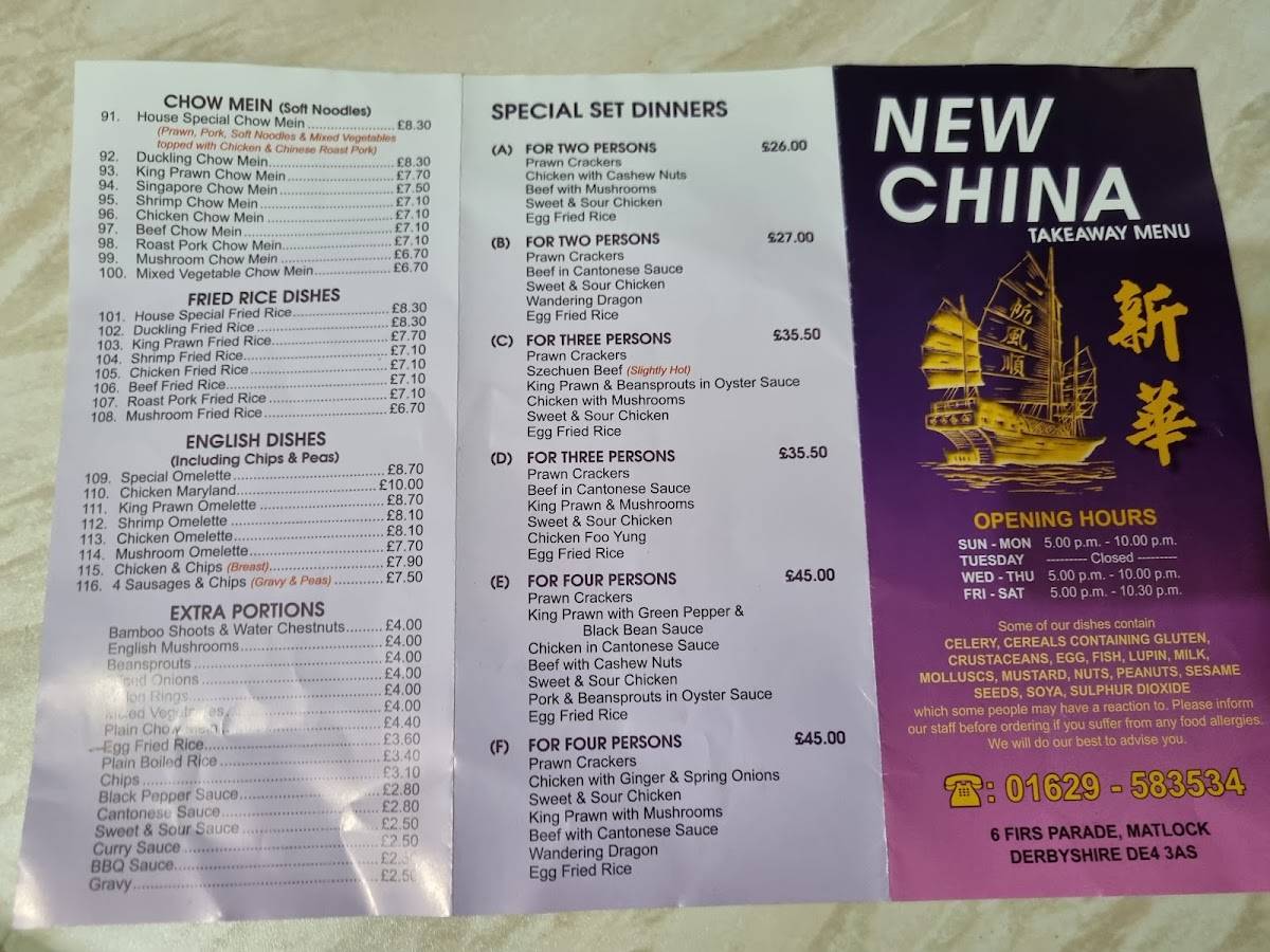 Menu at New China fast food, Matlock