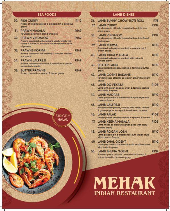 Menu at Mehak Indian Restaurant, Centurion