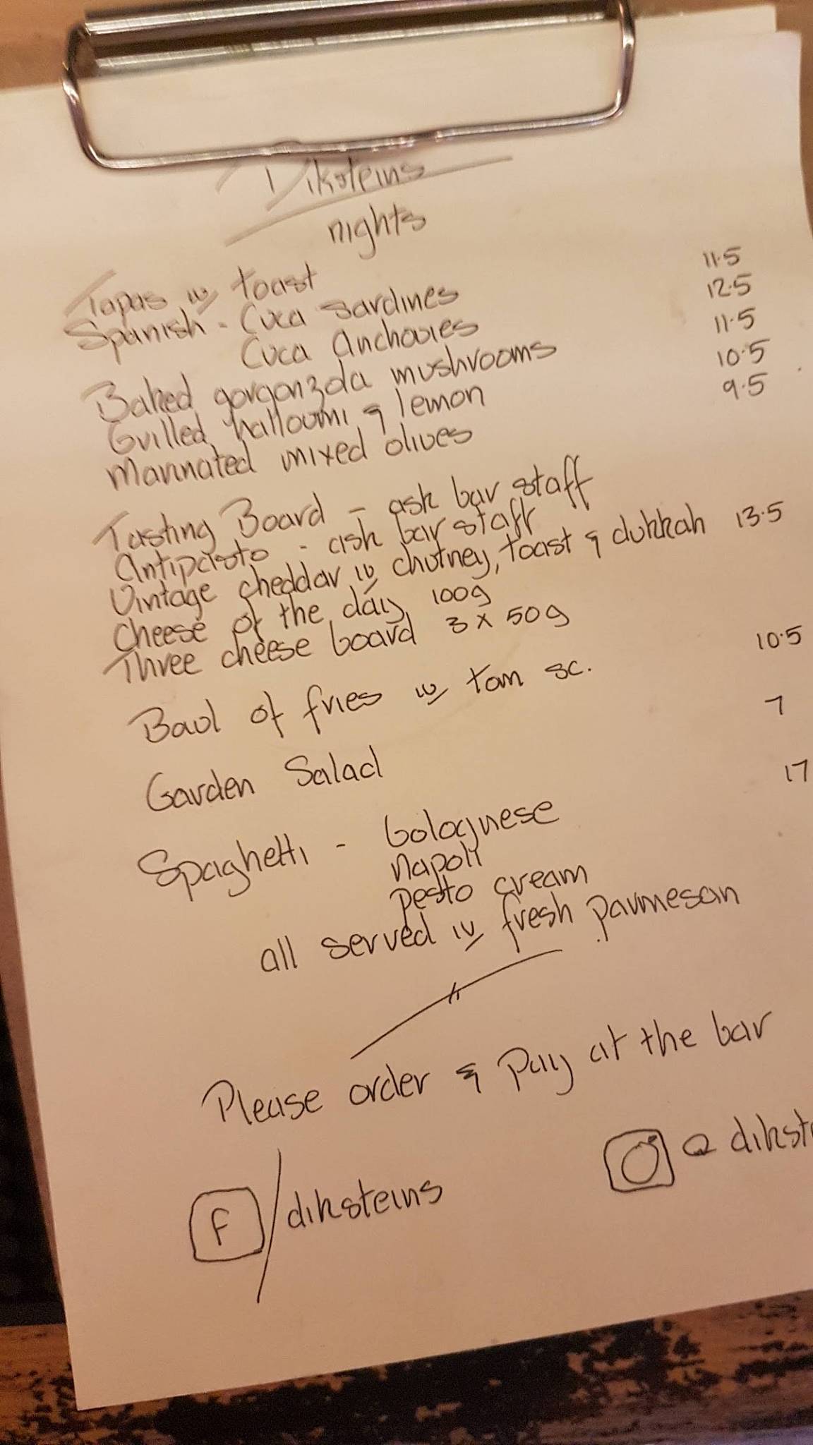 Menu at Dikstein's Corner Bar, Melbourne