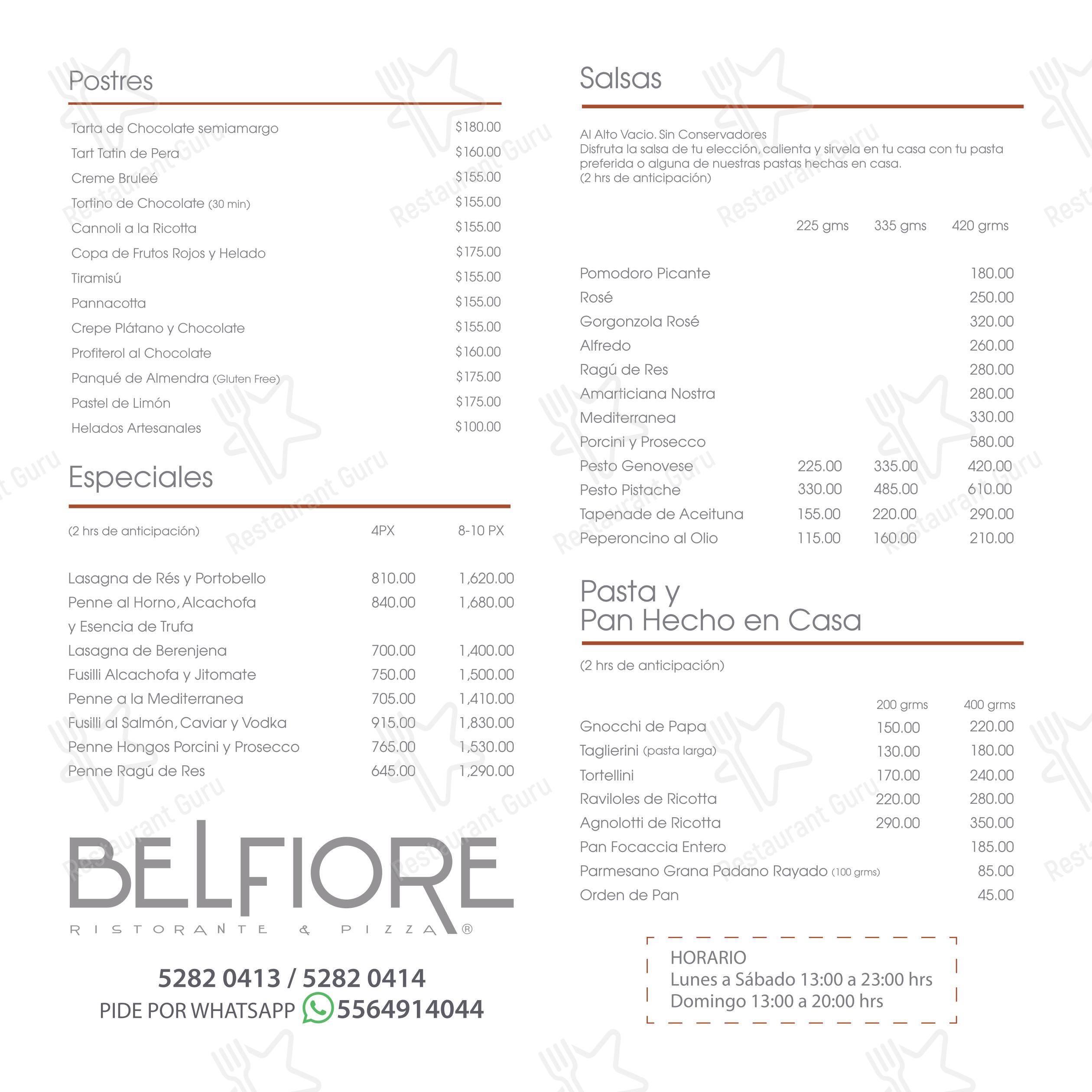 Carta del restaurante Belfiore, Ciudad del México
