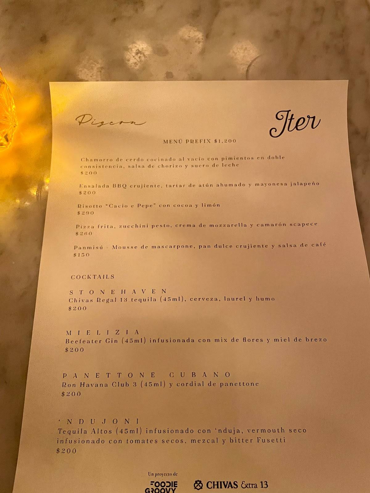 Menu at Pigeon restaurant, Mexico City