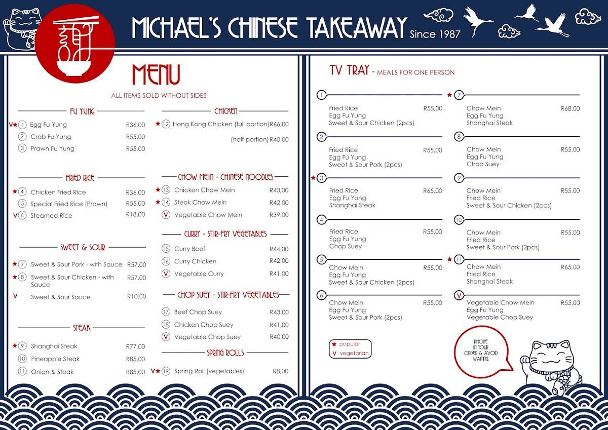 Menu at Michael's Chinese Takeaway, Summerstrand restaurant, South Africa