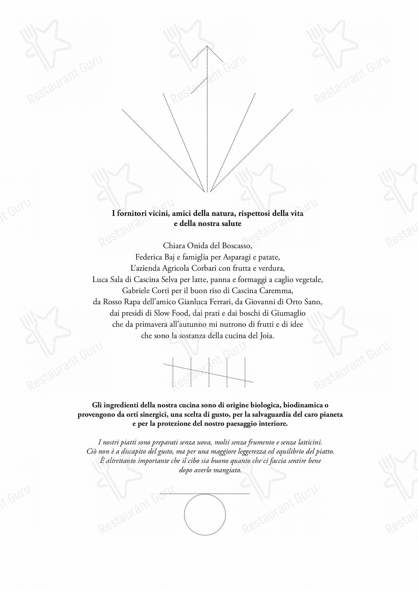 Menu at Joia restaurant, Milan