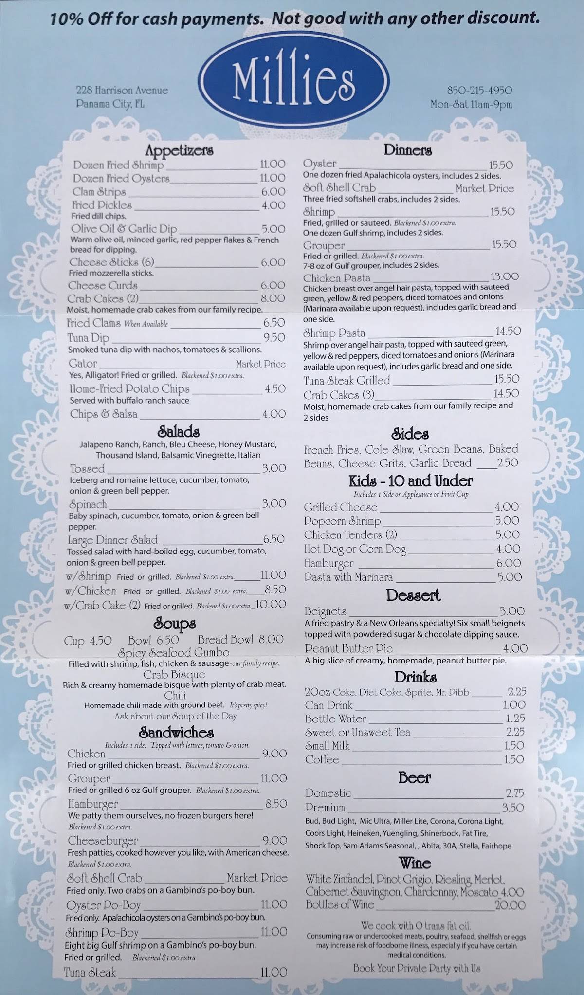 Menu at Millie's Cafe, Panama City