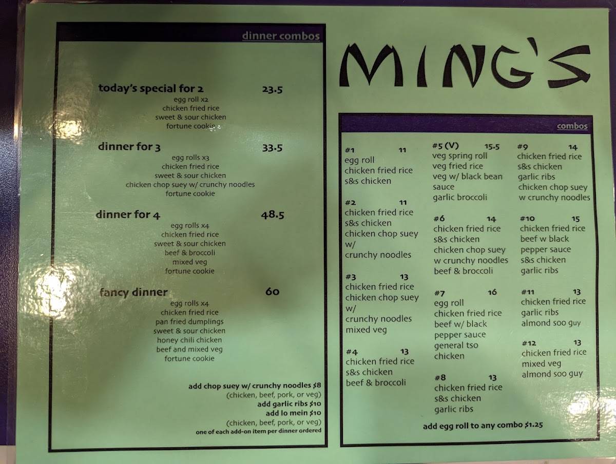 Menu at Ming's Restaurant, New Glasgow